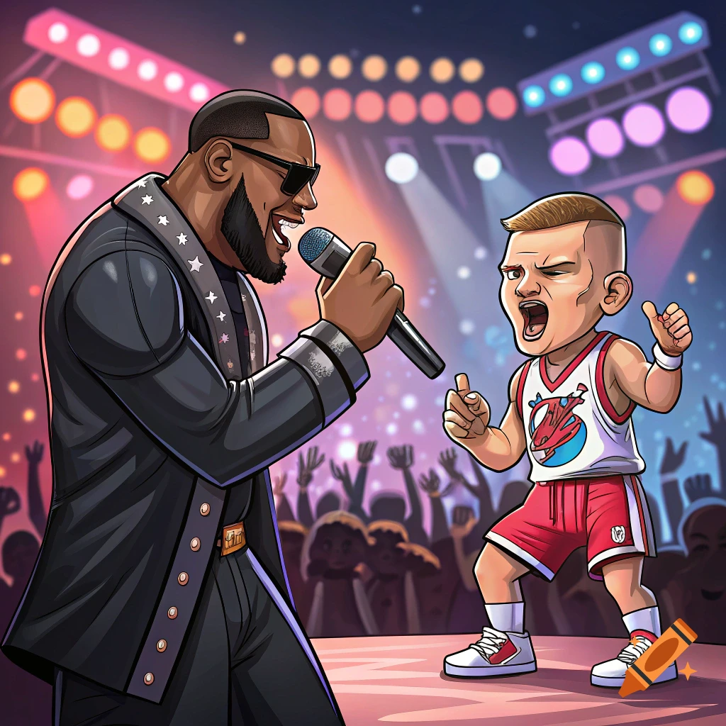 A dynamic, stylized scene of a rapper on stage performing to a crowd in ...