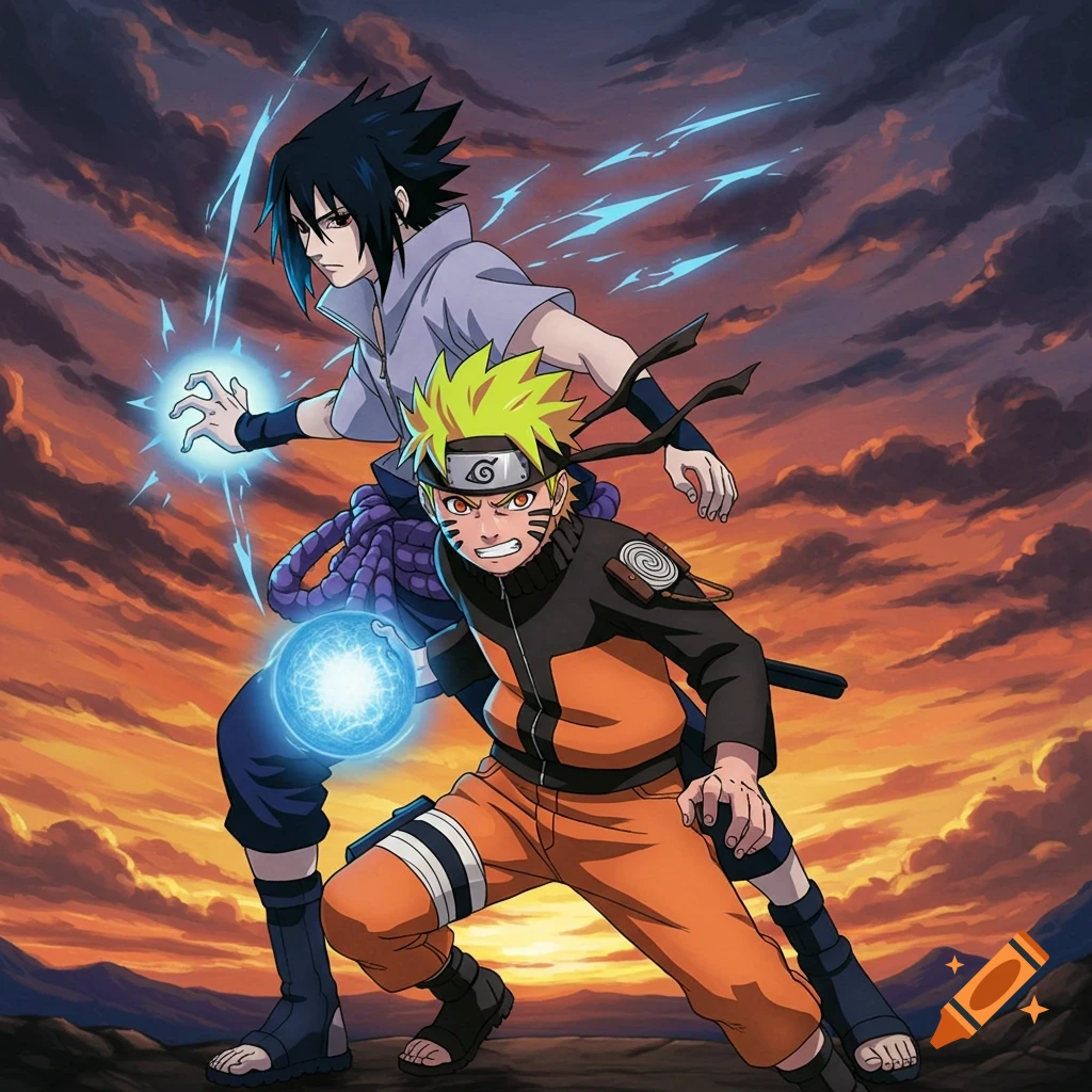 Naruto and Sasuke from the anime, in action poses with blue energy ...