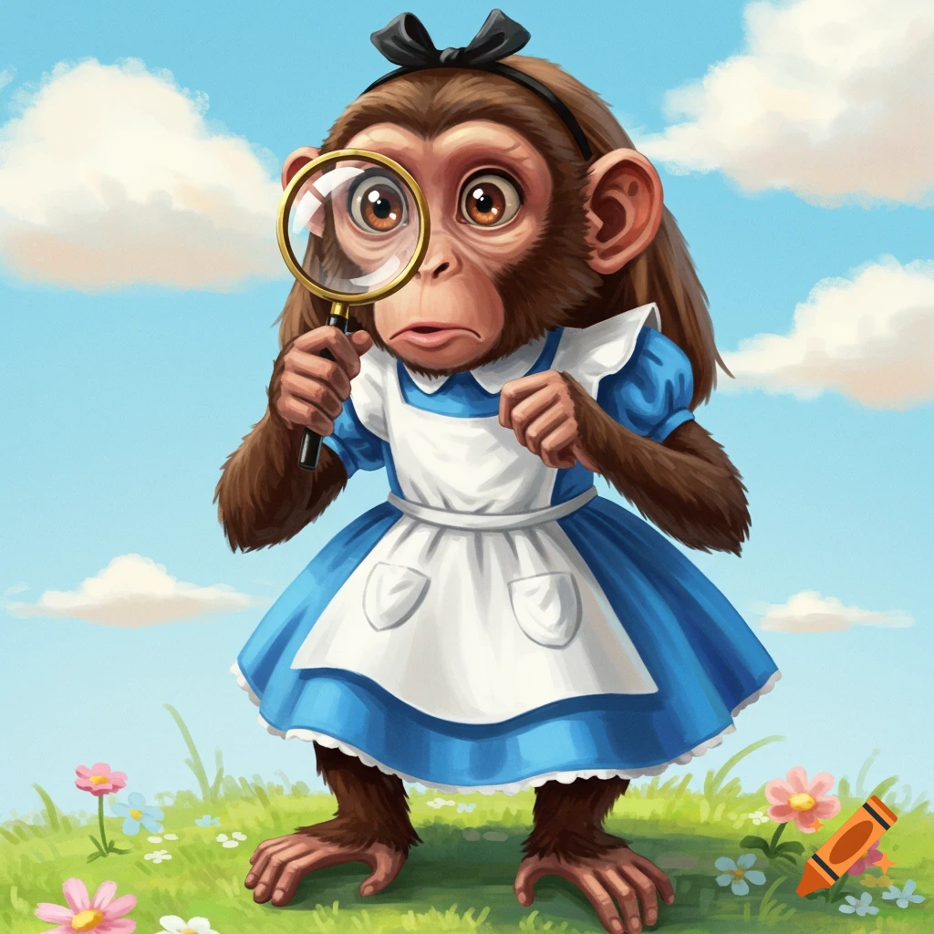 Monkey dressed as Alice in Wonderland with magnifying glass on Craiyon