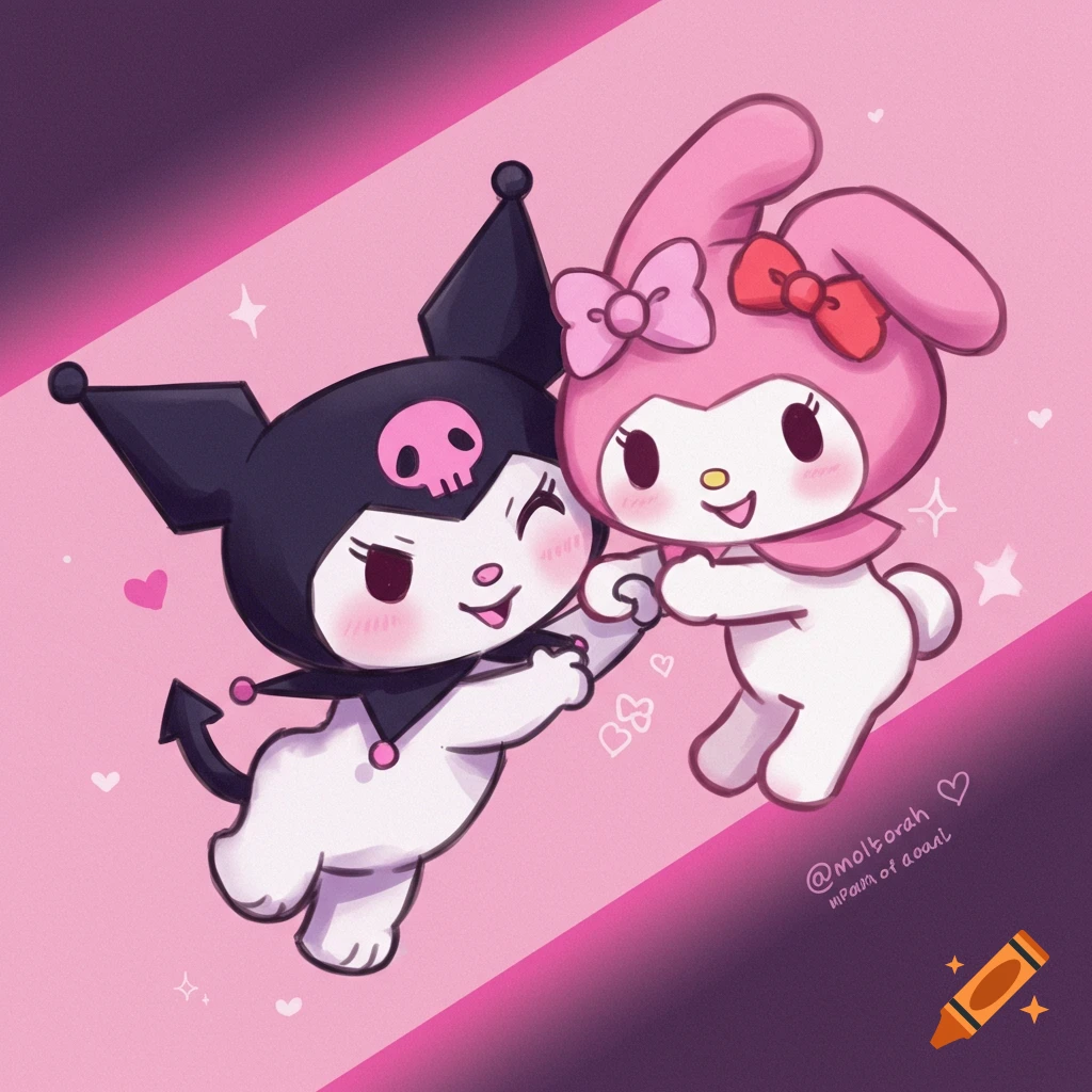 Kuromi and My Melody hugging on a pink background on Craiyon