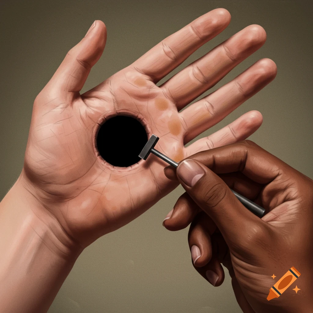 A hand with a black hole in the palm is met by another hand holding a ...