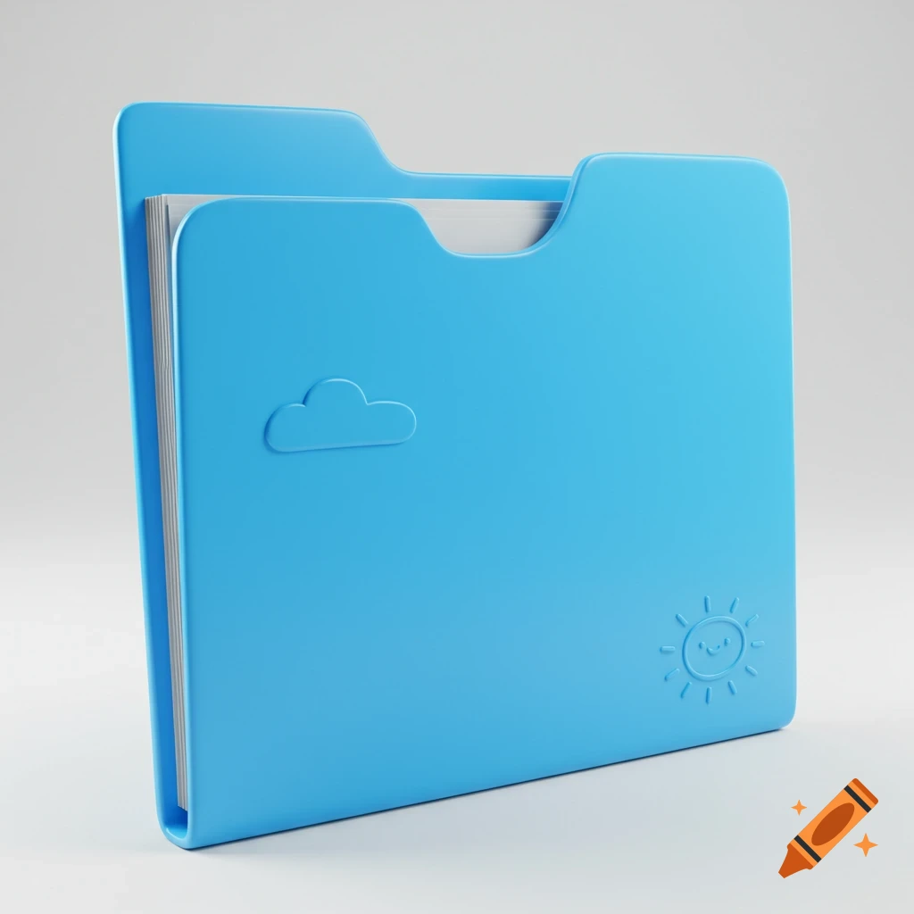 Blue file folder with a cloud and smiling sun embossed on it, in a 3D ...