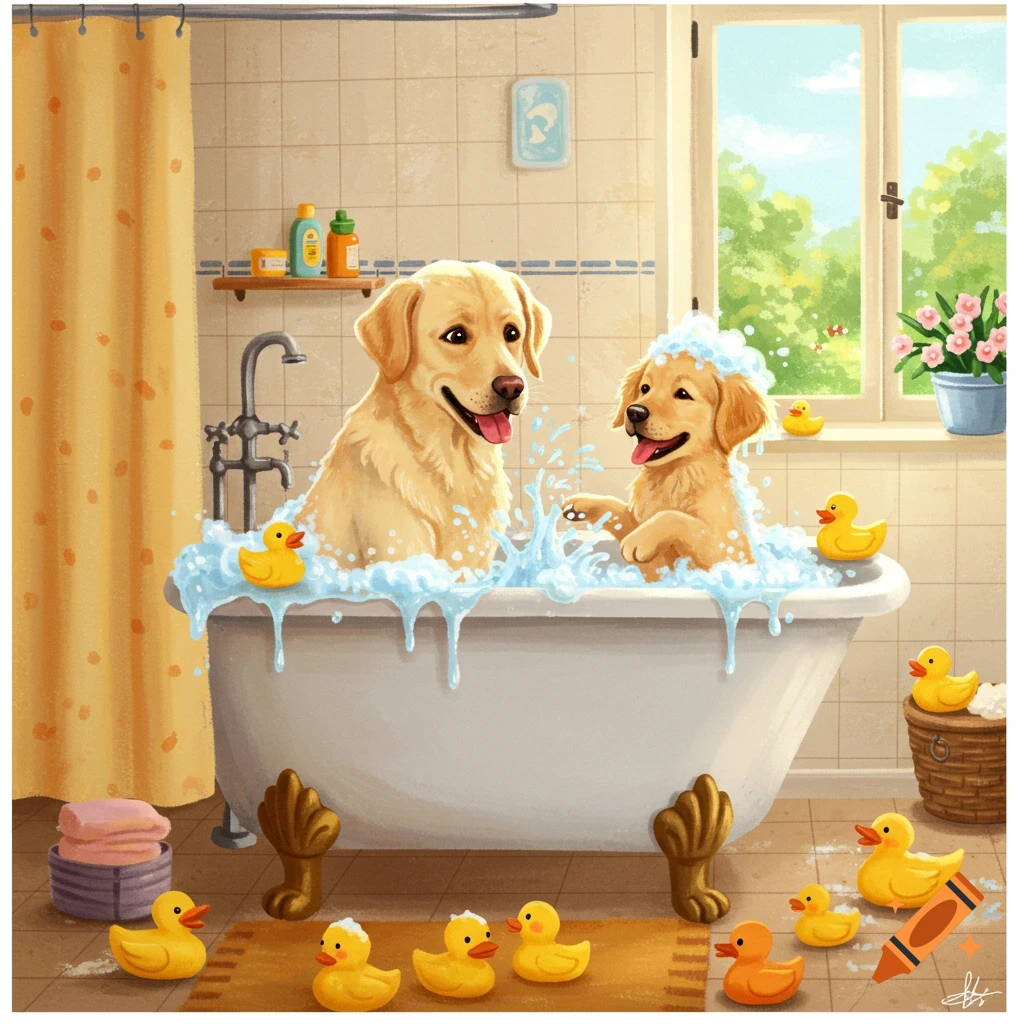 Two yellow dogs, one a puppy, taking a bath on Craiyon