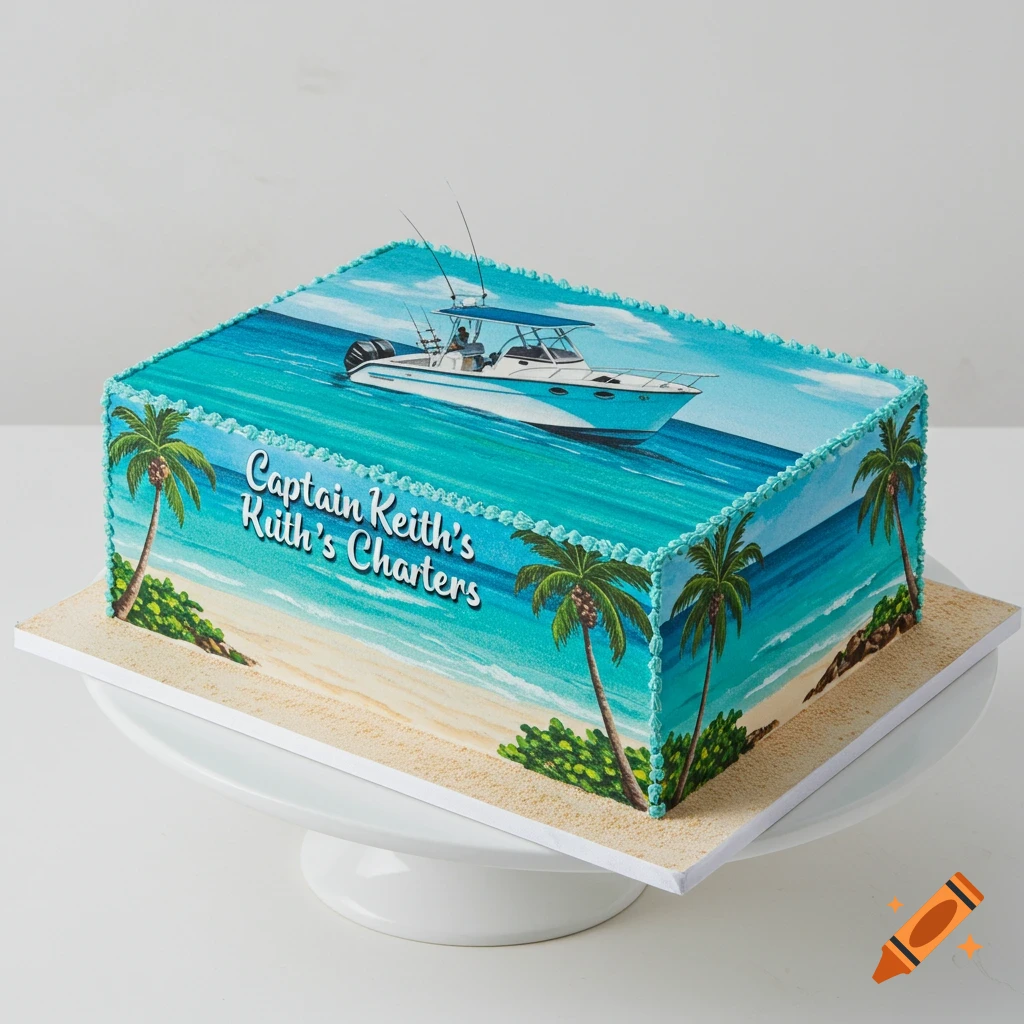 Rectangular cake decorated with a tropical beach, palm trees, a fishing ...