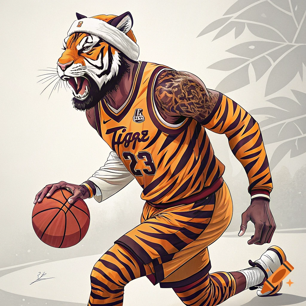 An anthropomorphic tiger wearing a basketball jersey and headband ...