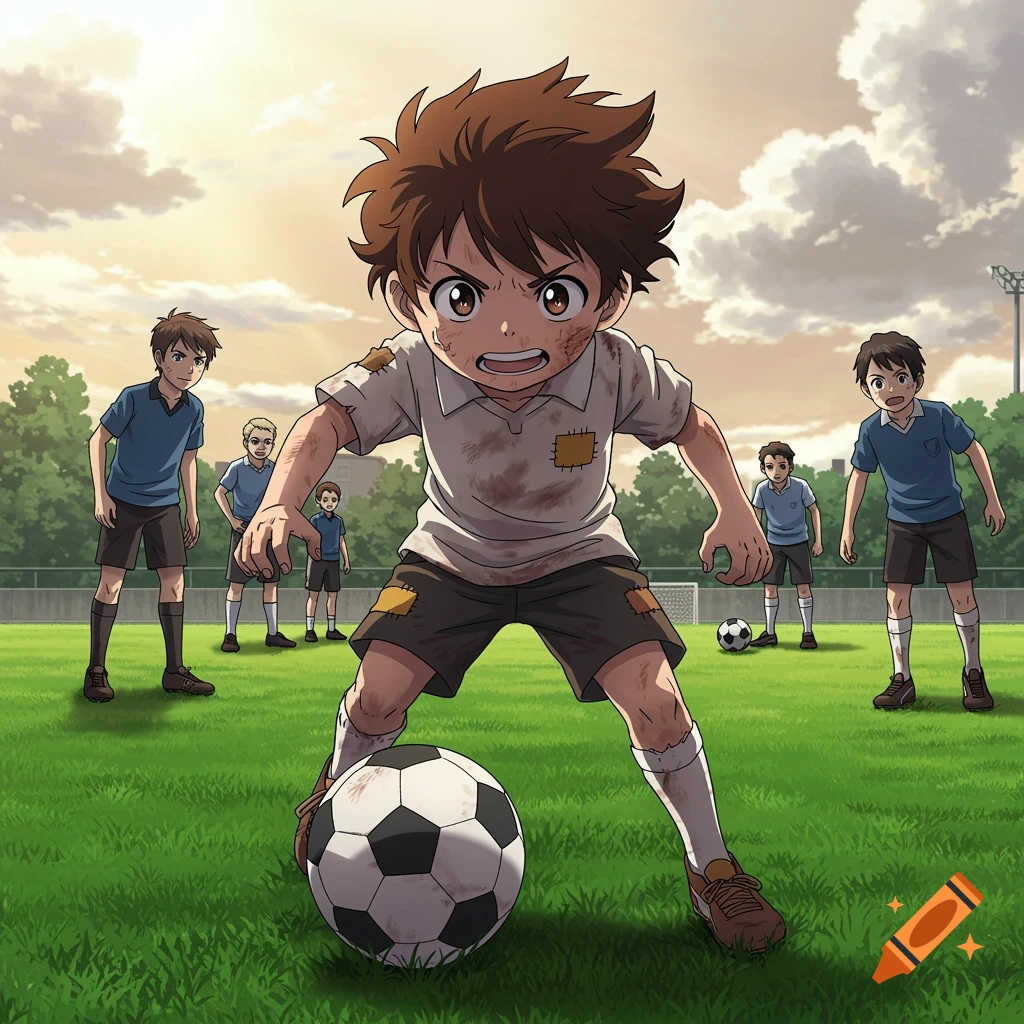 Anime-style boy in soccer tryout with older kids, dramatic sunlight on ...