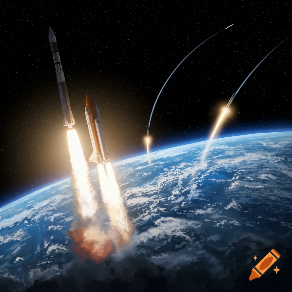 A detailed photorealistic satellite with solar panels and a dish antenna floats in deep space ...