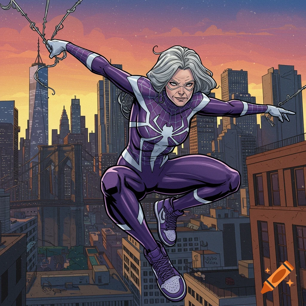 Marvel Comics-style Spider-Woman in purple Ghost-Spider suit swinging ...