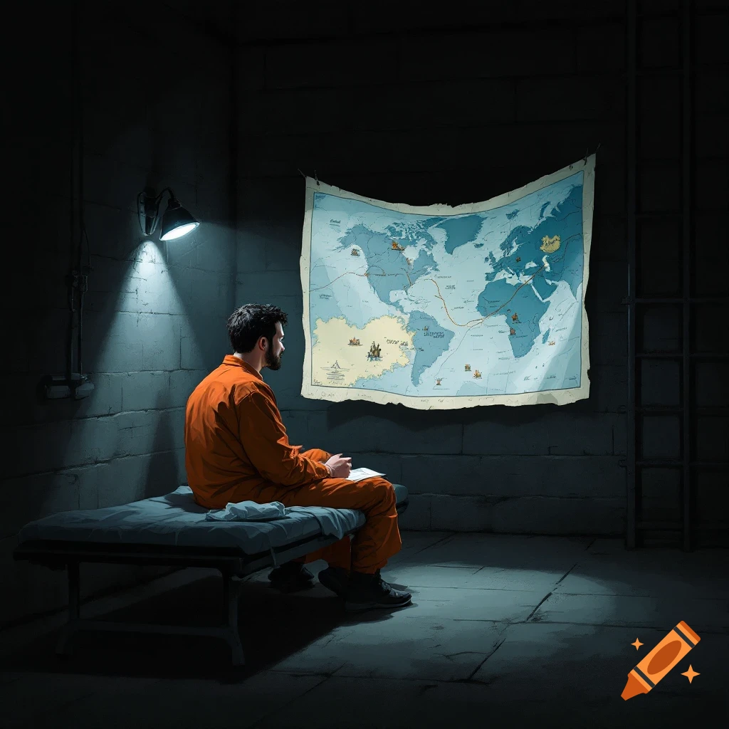 Man in prison cell reading a map of Moby Dick's adventure on Craiyon