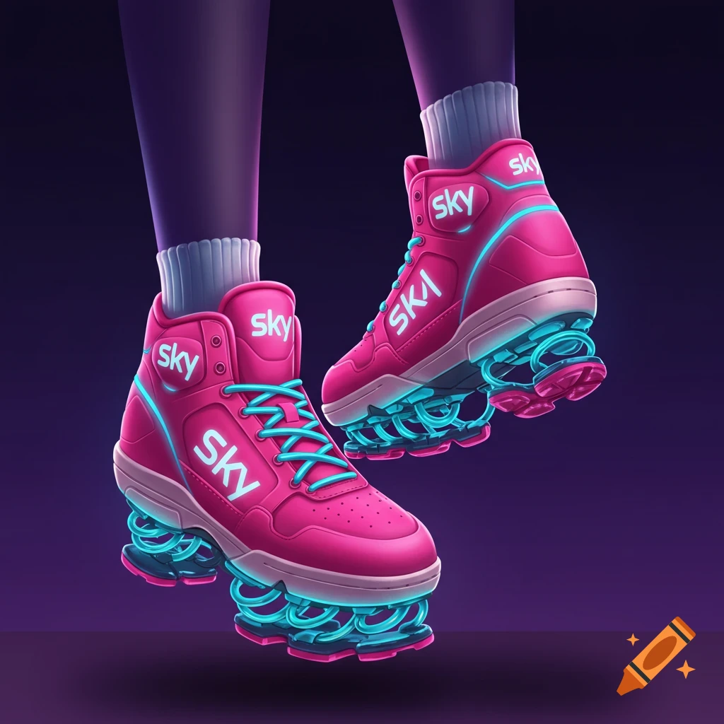 Futuristic shoes with springs and the word 'sky' on Craiyon