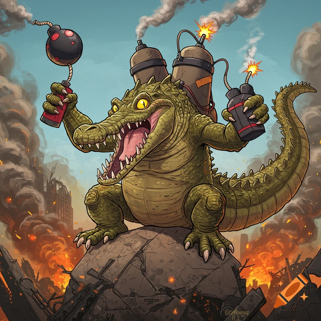Cartoon of a crocodile with jet tanks holding bombs, sitting on rubble ...
