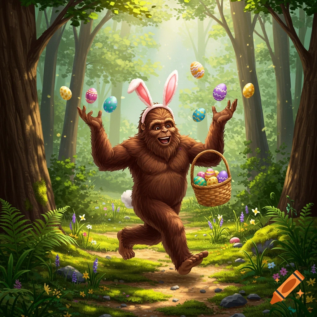 Sasquatch with Easter bunny ears skipping in the woods with Easter eggs ...