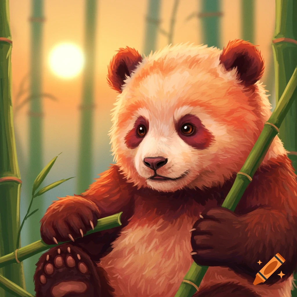 A cute cartoon baby panda sits in green grass with bamboo stalks ...
