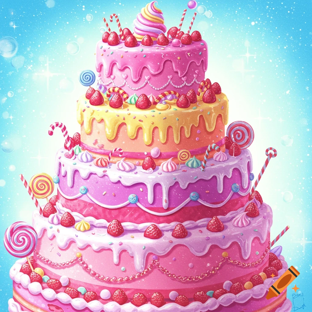 A tall, multi-tiered fantasy cake with colorful frosting, chocolate ...