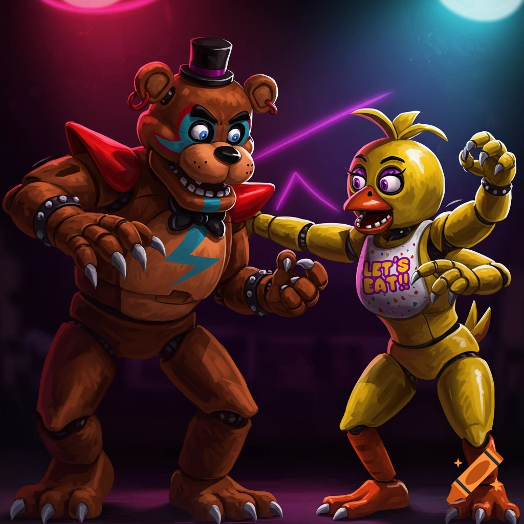 Freddy Fazbear and Chica fighting on Craiyon