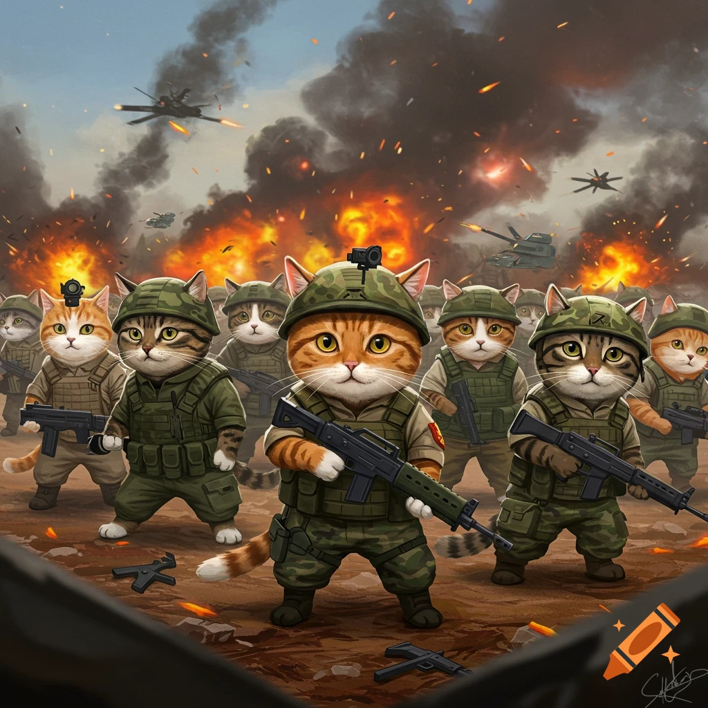 A soldier in a military uniform holds a flamethrower, standing in a residential street ...