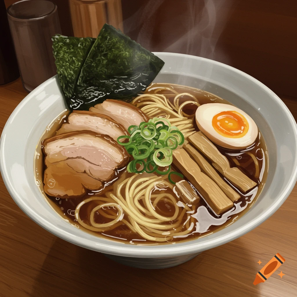 An illustrated close-up of a bowl of ramen with pork, eggs, and ...