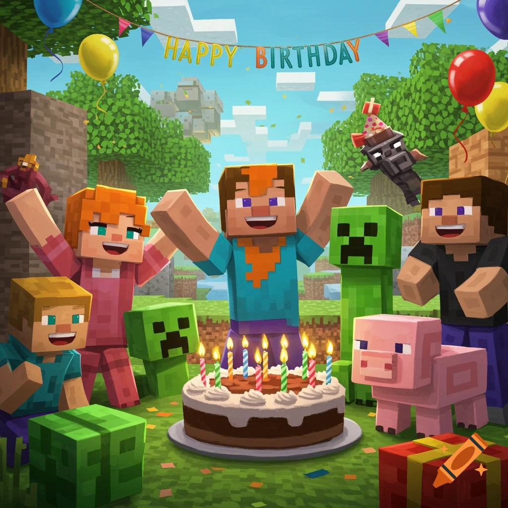 Minecraft characters wishing happy birthday on Craiyon