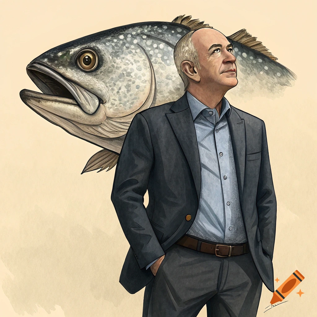 Illustration of a man resembling Jeff Bezos standing with a large fish ...