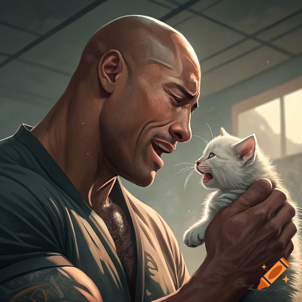 Dwayne The Rock Johnson crying while holding a kitten on Craiyon