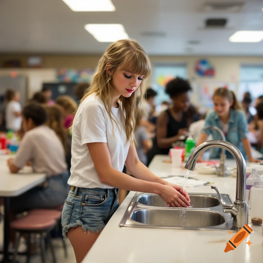 Taylor Swift in white t-shirt and jean shorts washing hands in ...