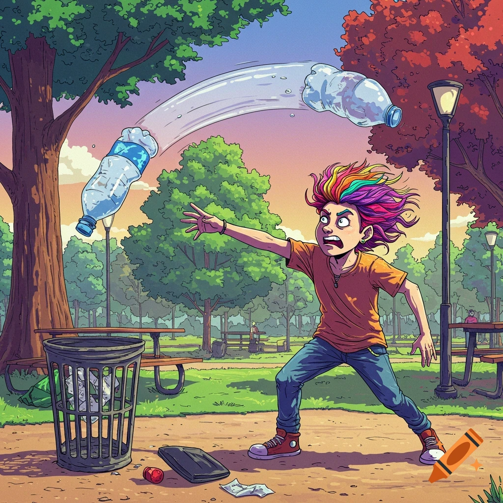 Cartoon boy vomiting into a trash can at an amusement park. on Craiyon