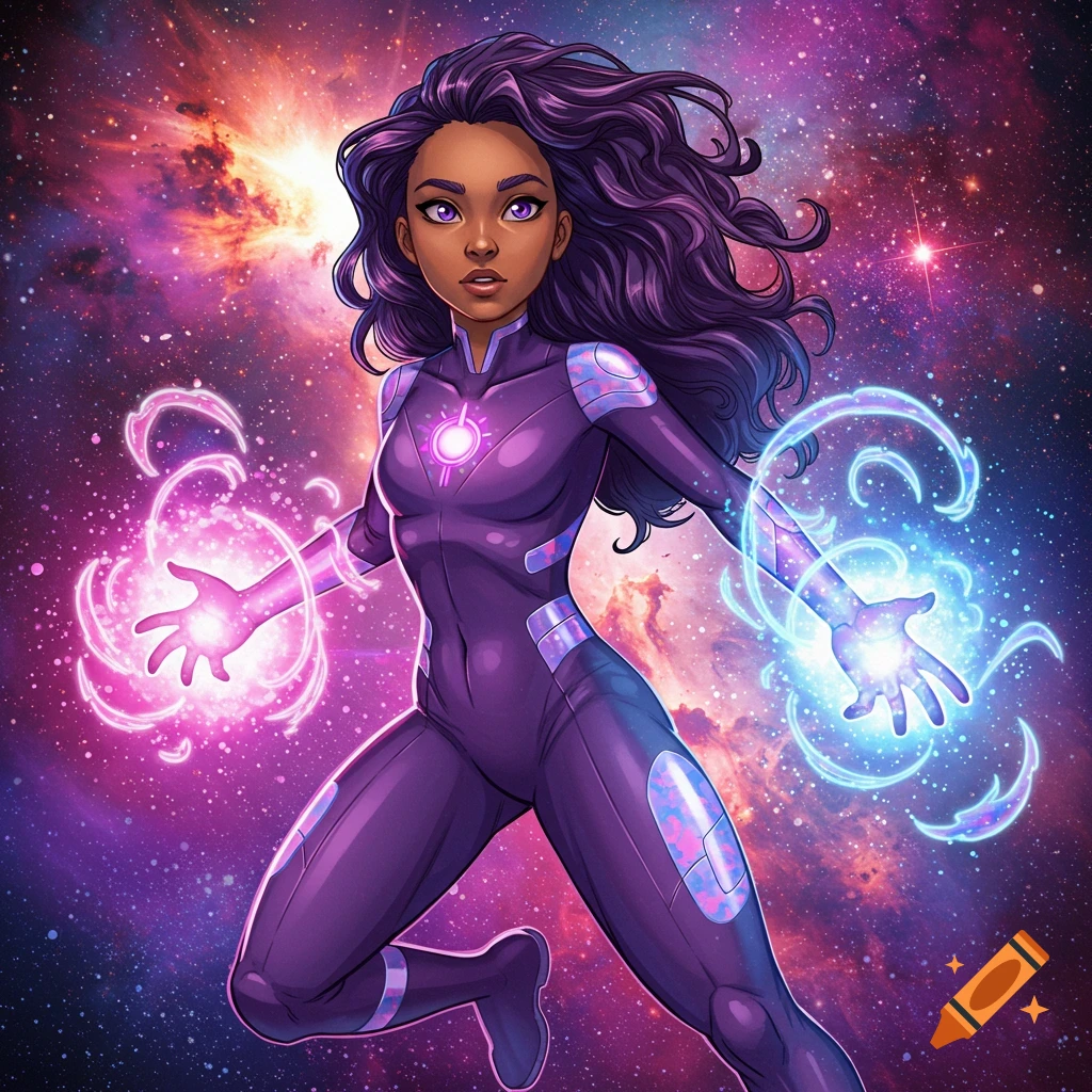 Female superhero with blue hair flies through space, energy radiating ...