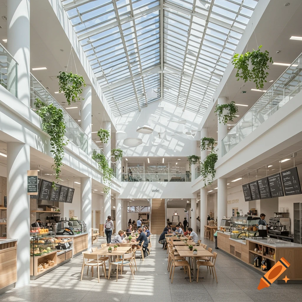 Naturally lit modern food hall with cafe stalls and office mezzanine on ...