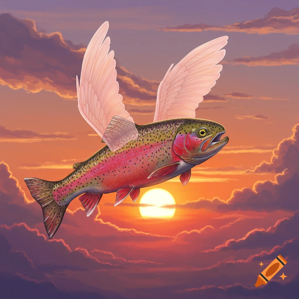A rainbow trout flying in a cloudy sunset sky on Craiyon
