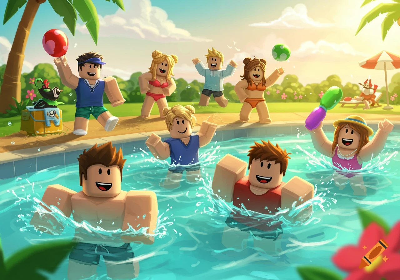 Cartoon Roblox characters splash and play in a vibrant, sunny pool ...