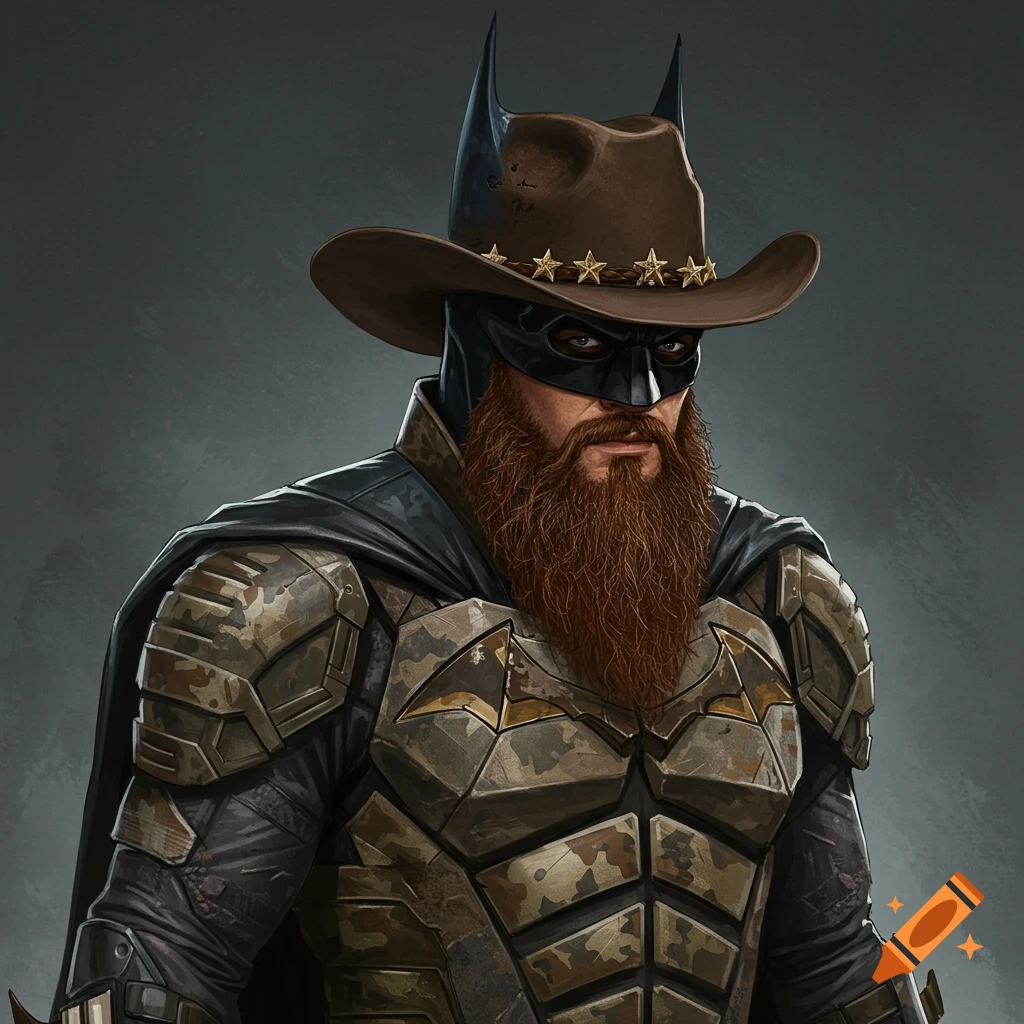 Batman with a southern country twist, featuring a long beard, camo ...
