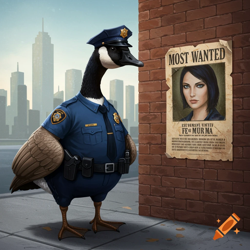 Canadian goose dressed as police officer looking at a wanted poster on ...