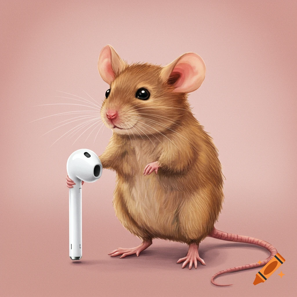 A cute brown mouse holding a white earbud like a cane. on Craiyon