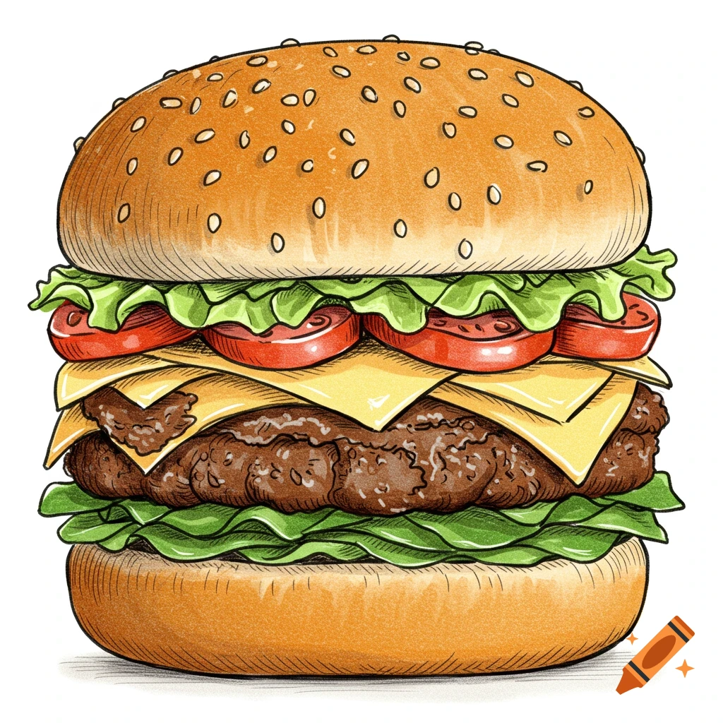 Illustration of a hamburger stacked with chicken, cheese, and pepperoni ...