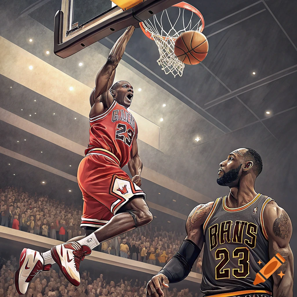 LeBron James dunked on by Michael Jordan on Craiyon