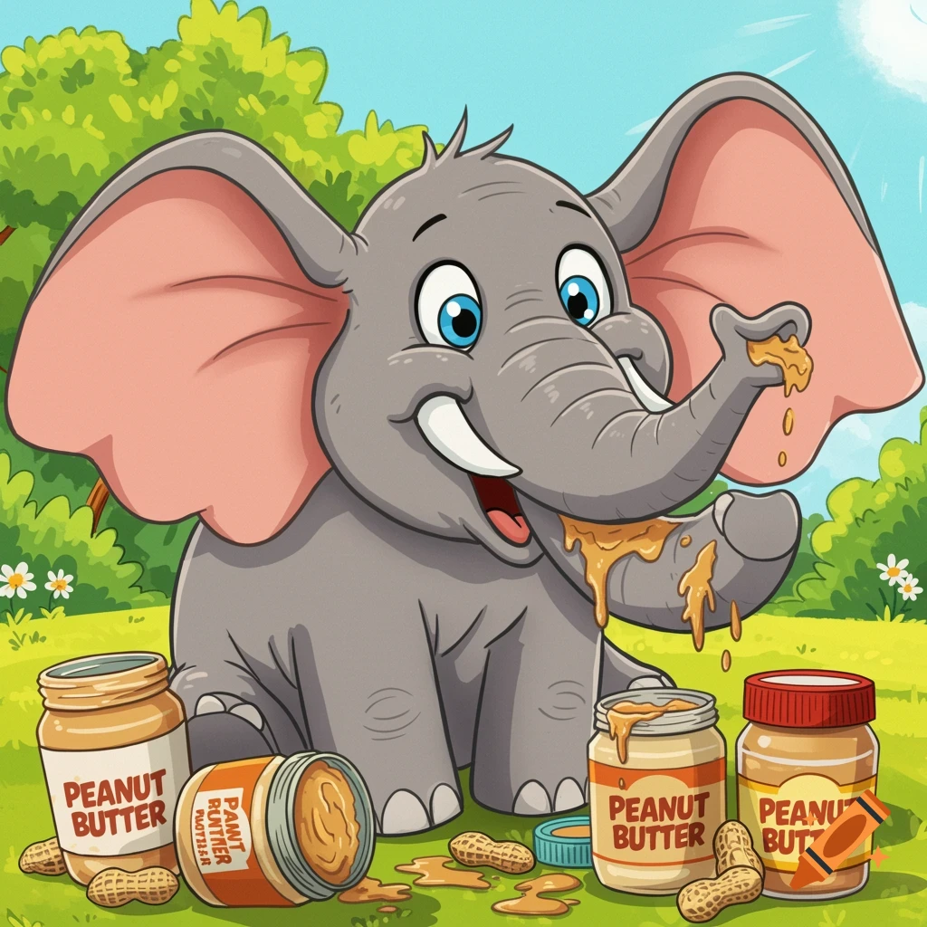 A happy cartoon elephant eats peanut butter from jars in a grassy field ...