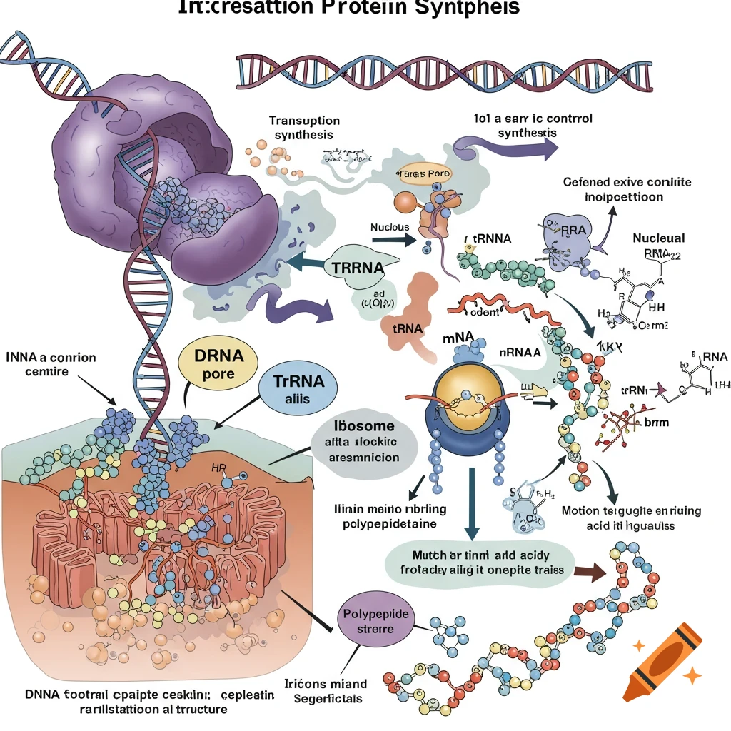 Diagram of protein synthesis process with Nucleus, DNA, mRNA, tRNA, Ribosome, polypeptide, and ...