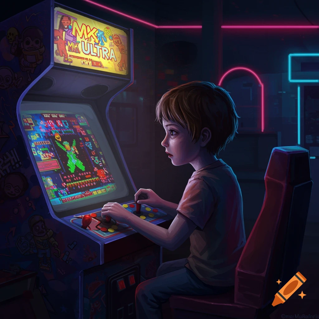 Child intensely playing arcade game on Craiyon