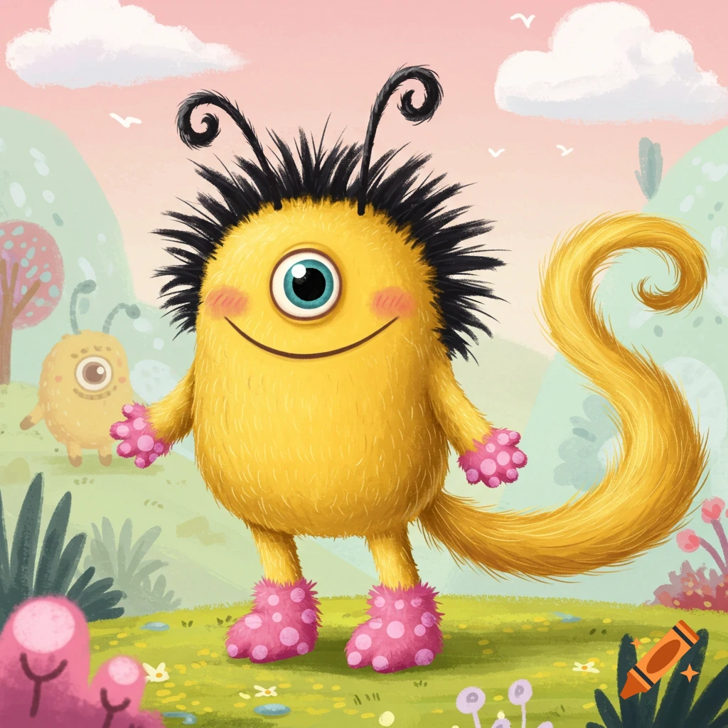 Yellow monster with pink polka dots, black hair, and one eye on Craiyon