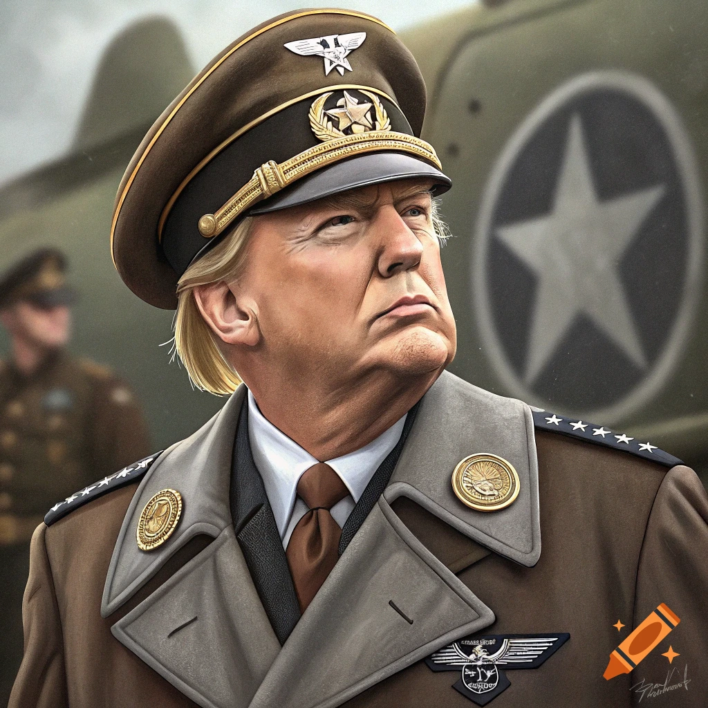Portrait of Donald Trump wearing a military uniform and hat, looking ...