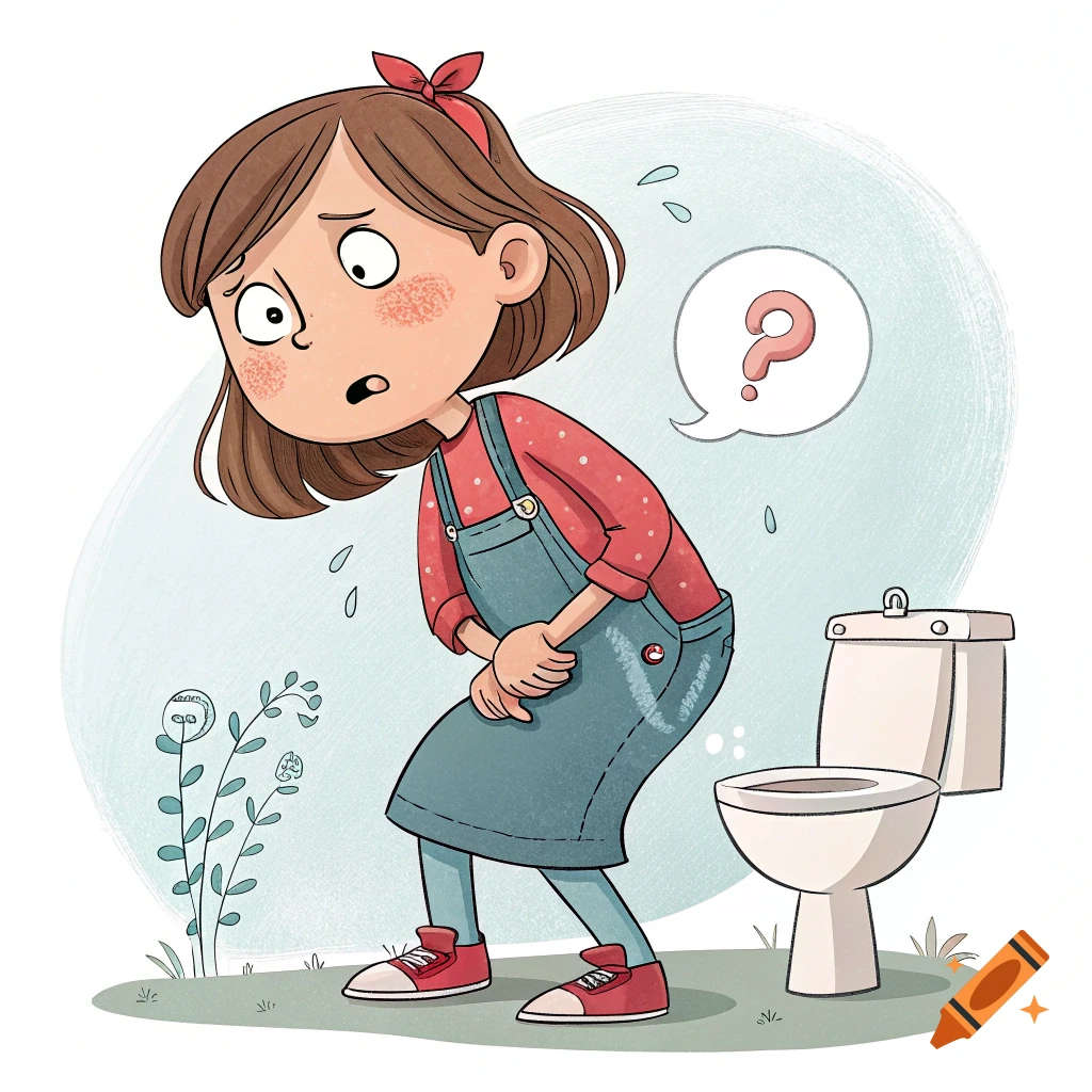 Cartoon illustration of a girl needing to use the toilet. on Craiyon