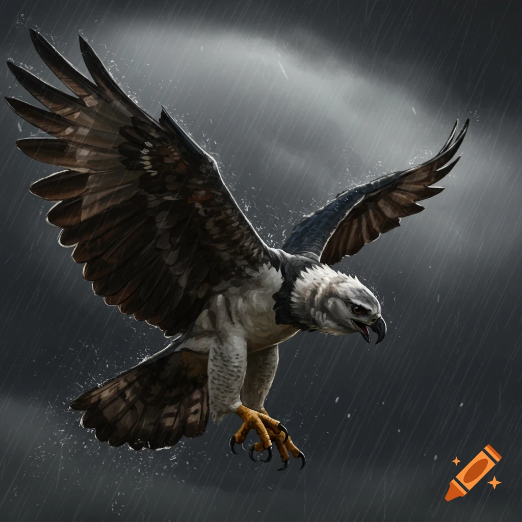 A majestic Harpy eagle soars through the rain. on Craiyon