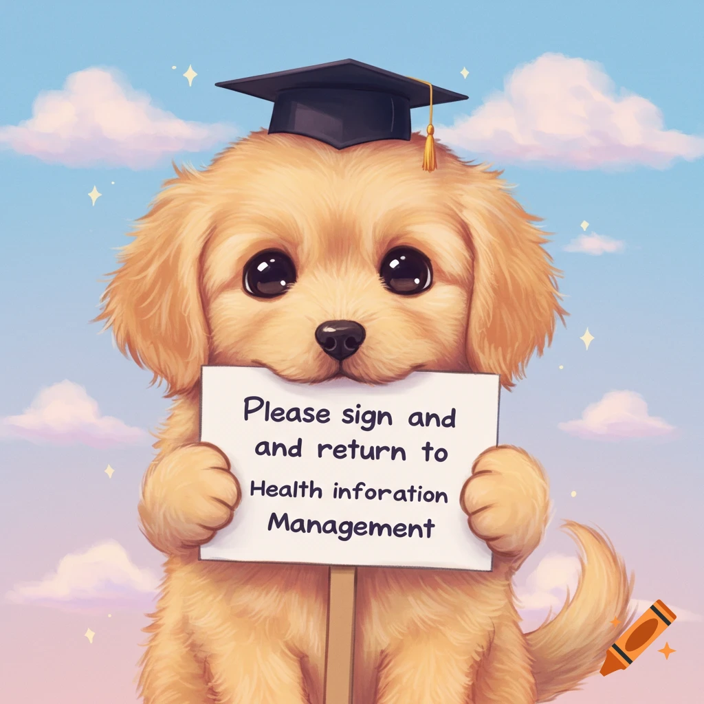 Cute dog with text 'please sign and return to health information ...