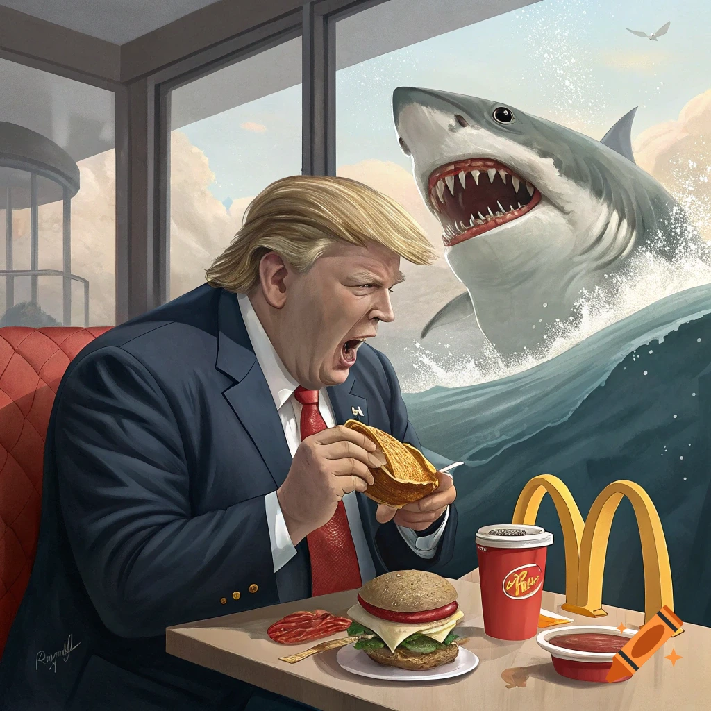 Donald Trump eating at McDonald's, being eaten by a shark on Craiyon