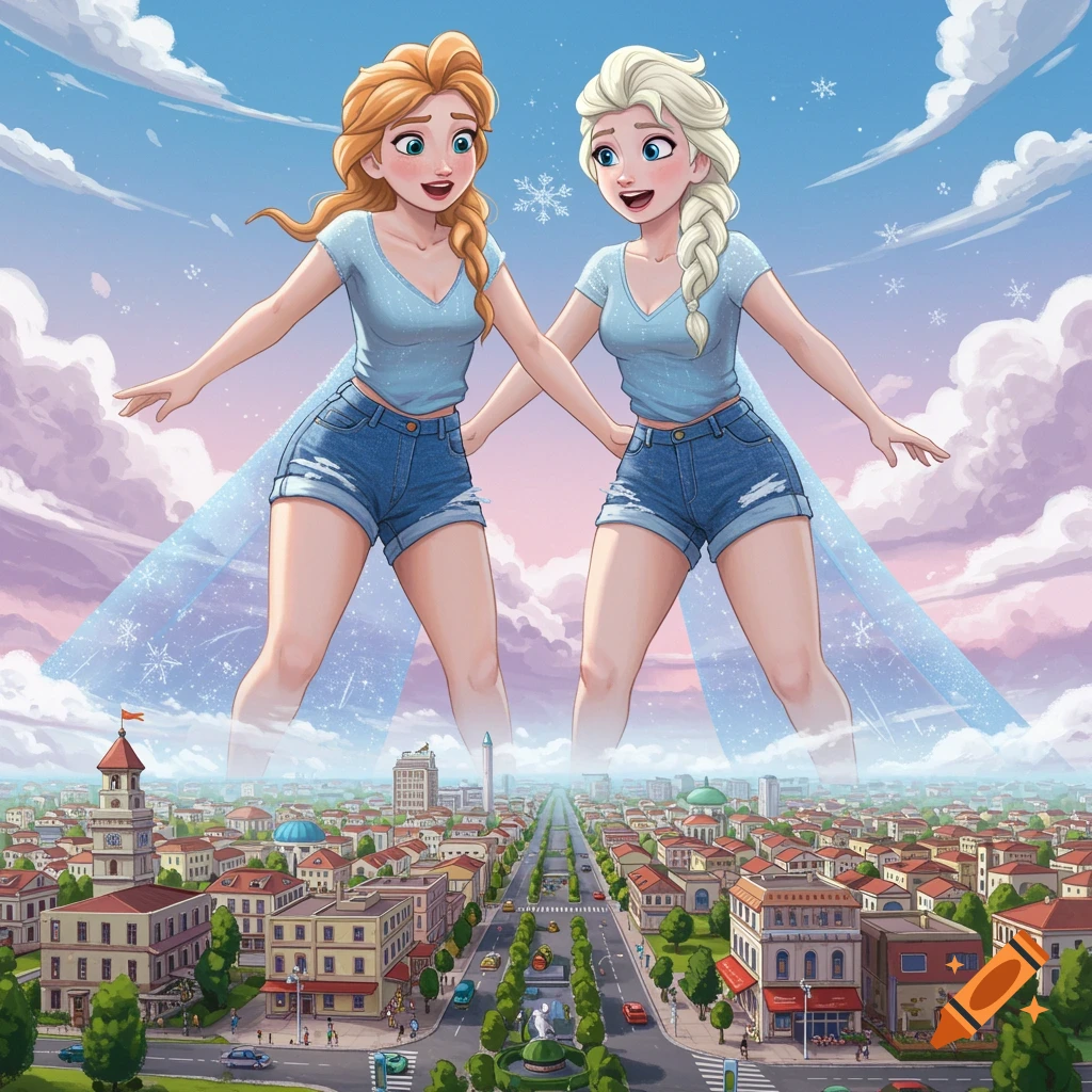 Giant cartoon women resembling Elsa and Anna in denim shorts tower over ...