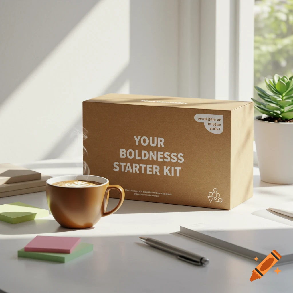 Bright workspace with 'Your Boldness Starter Kit', coffee, and ...