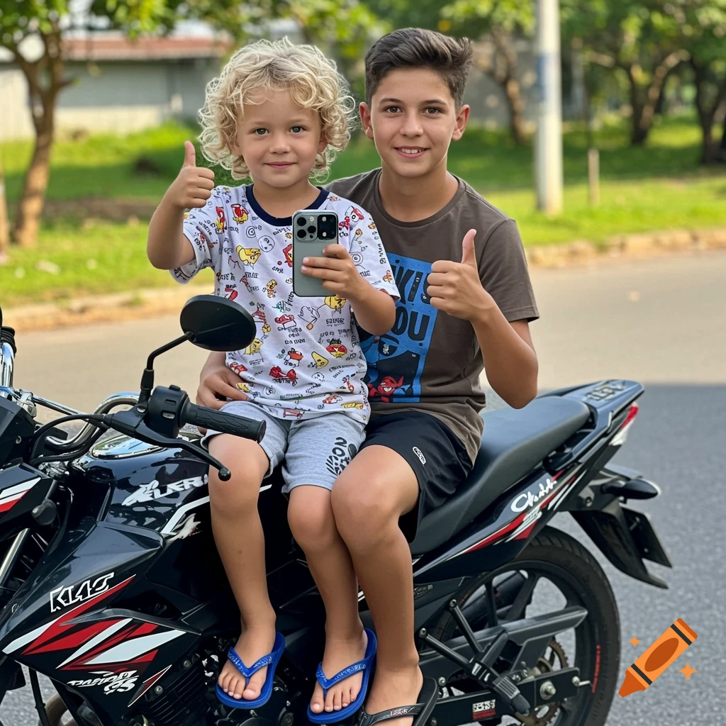 Brazilian toddler and older brother on a motorcycle on Craiyon