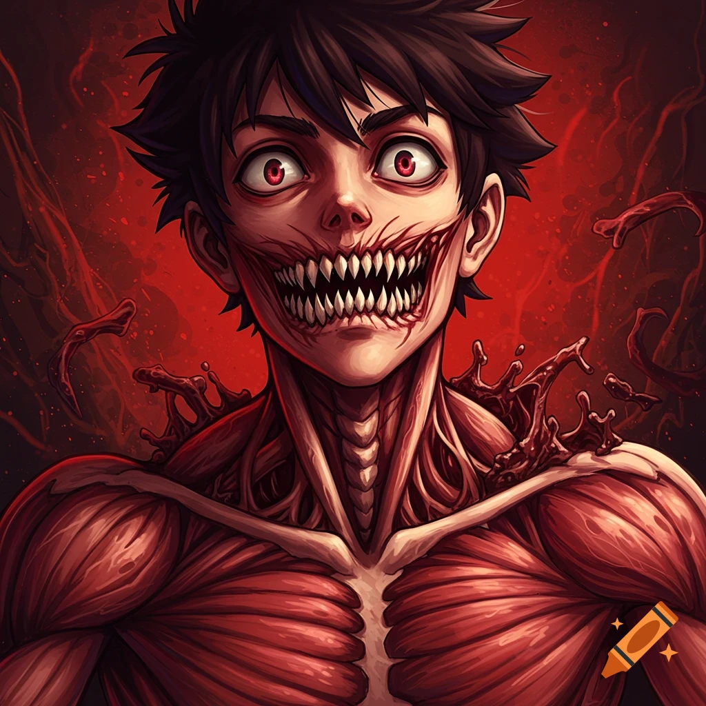 Man with black hair, red eyes, and black strap shirt on Craiyon