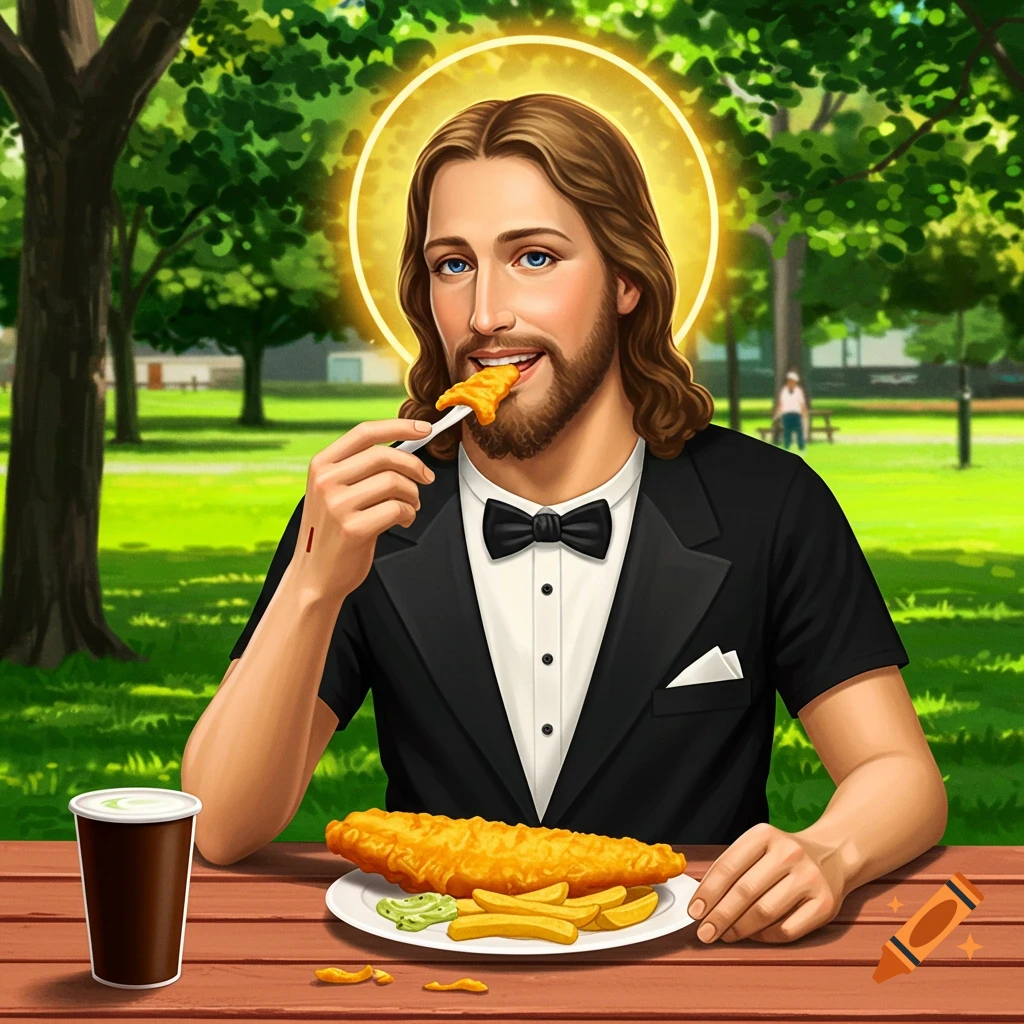 Jesus in a tuxedo t-shirt eating fish and chips on Craiyon