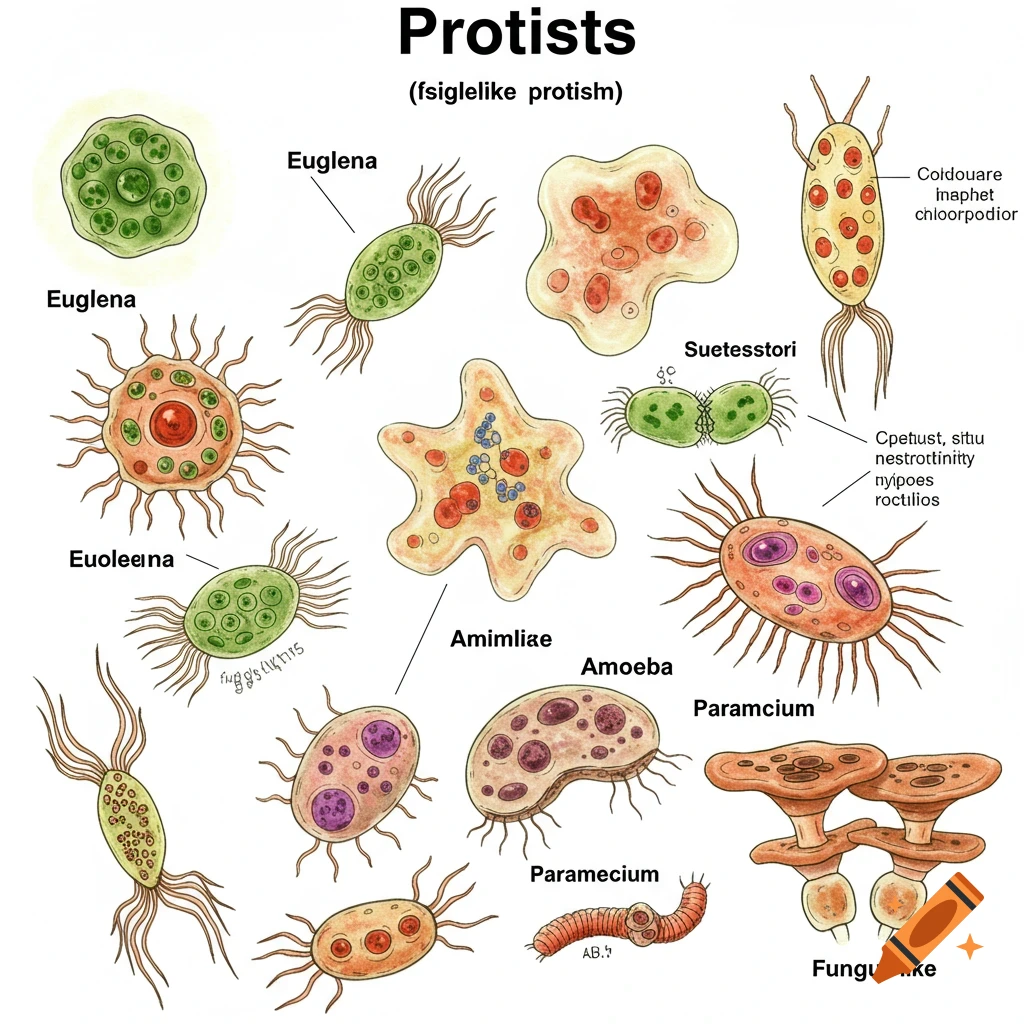 An illustration diagram showing different types of protists with labels ...